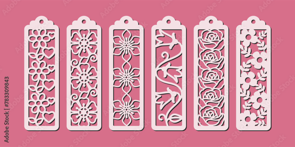 Set of vertical bookmarks with floral pattern. Laser cut template ...