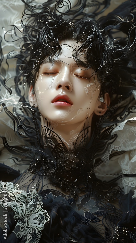 Haunting Portrait of a Moody K-Pop Inspired Character in an Intricate ...