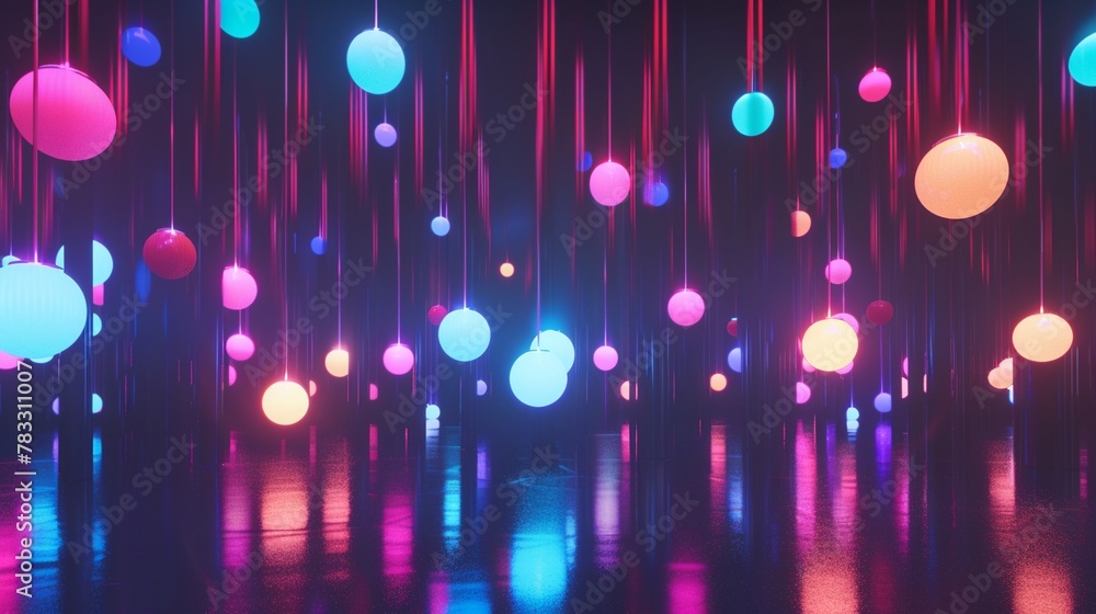 Neon light art installation, 3D render of abstract glowing shapes ...