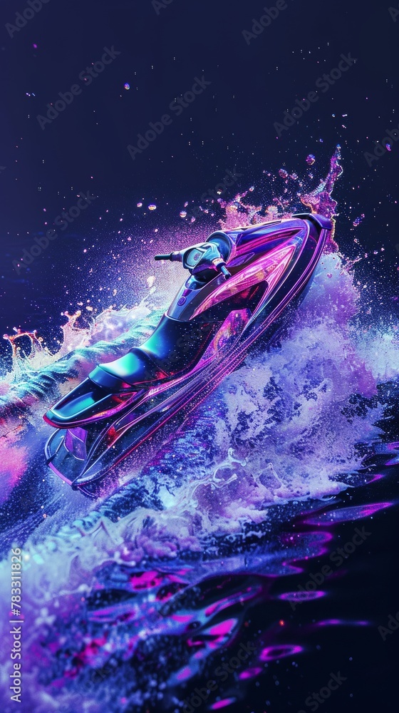 Jet skiing jet skis and water splashes in a neon color scheme 3D style ...