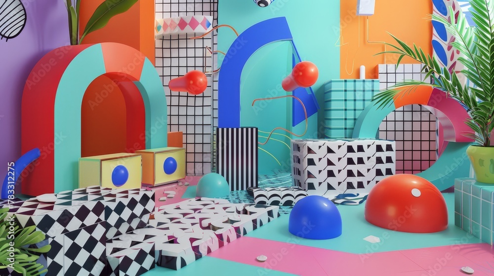 Memphis-inspired 3D objects in a psychedelic setting 3D style isolated ...