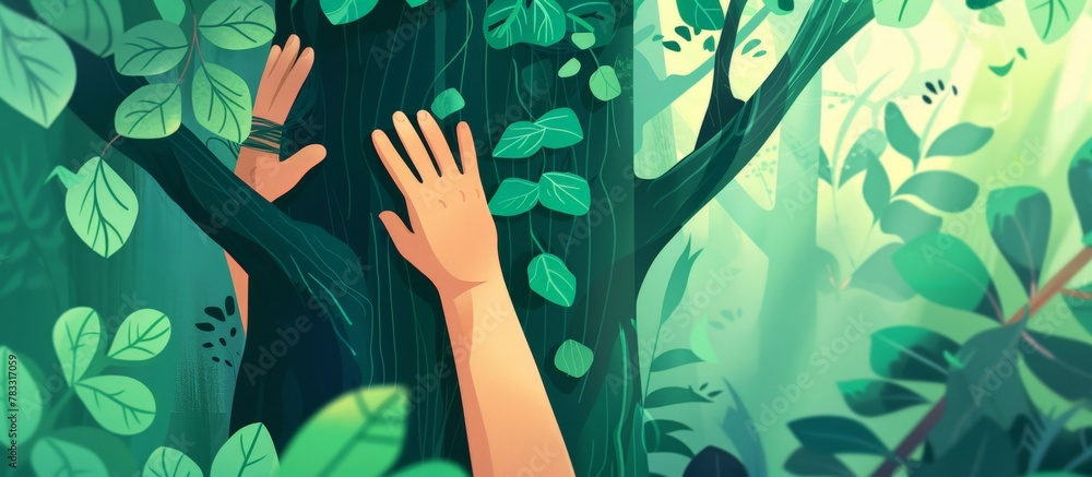 Two hands reaching up from the branches of a tree within a lush forest ...