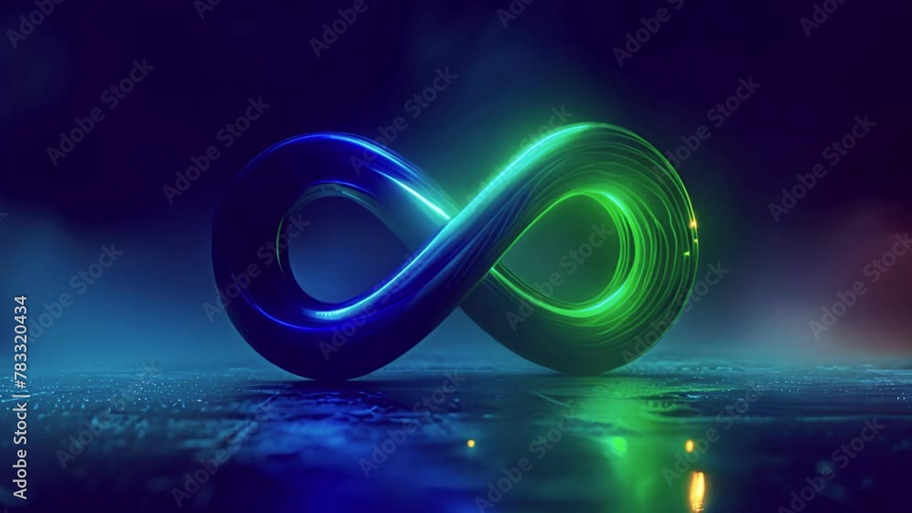 Infinity symbol neon lights glowing, appears of multiple glowing lines ...