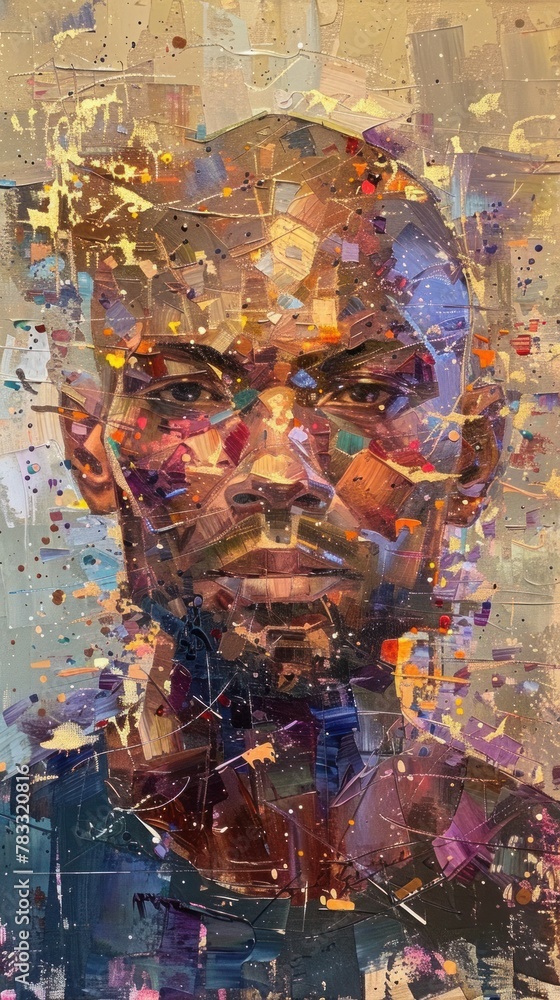 Abstract portrait of a black man with a bald head. He looks forward ...