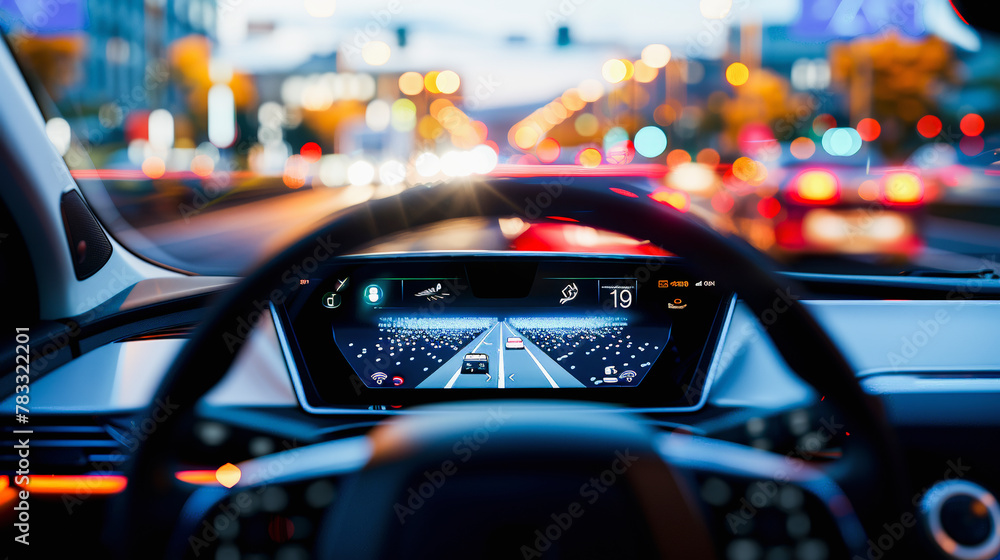 Driver's perspective inside a modern car with a digital dashboard ...