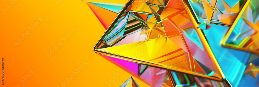 Collection of glossy, iridescent triangular prisms is arranged against ...