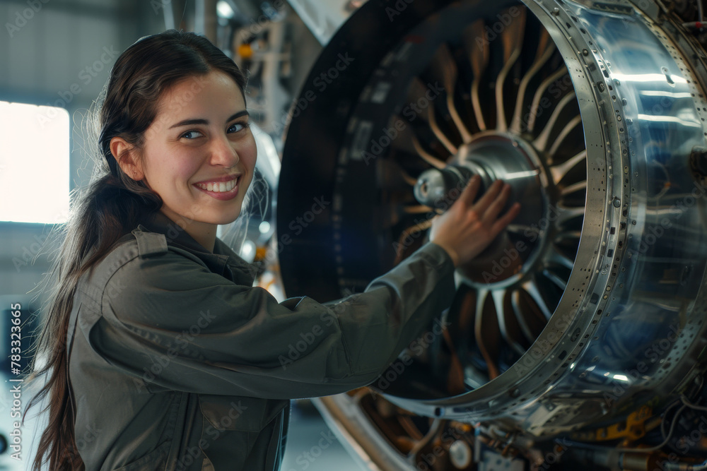 Smiling Hispanic, women plane engineer, fixing large, jet engine plane ...