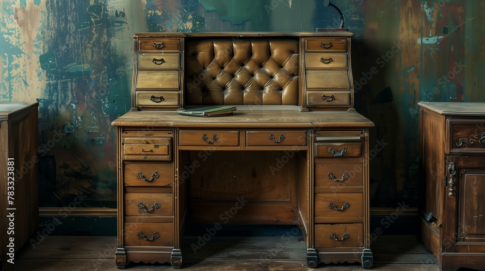 Secretary desk and chair, drawer equipment decoration single object ...