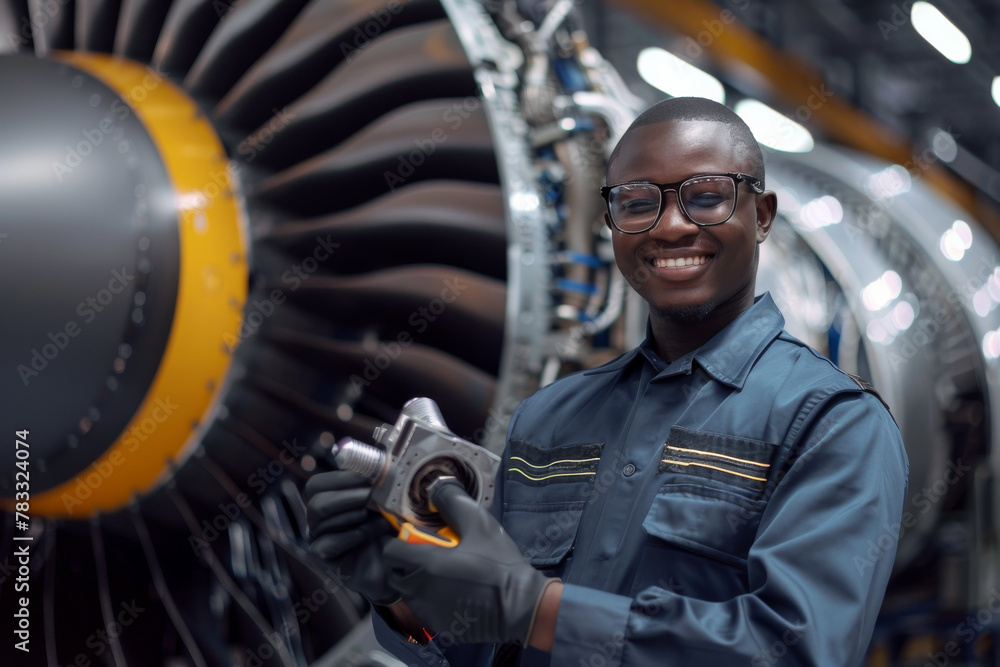 Smiling male black aircraft engineer jet engine with spanner. Diversity ...