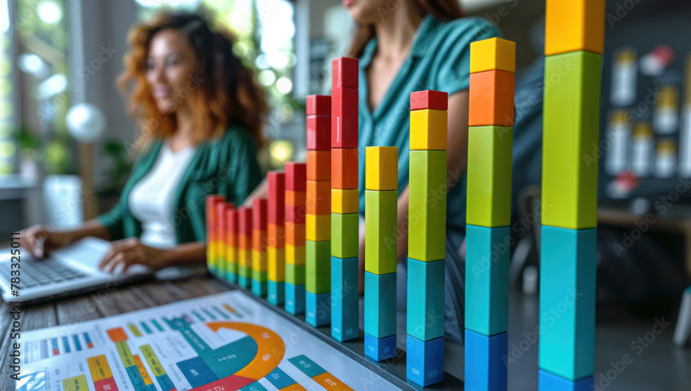 Analyzing business growth through colorful block graphs in a professional office setting ...