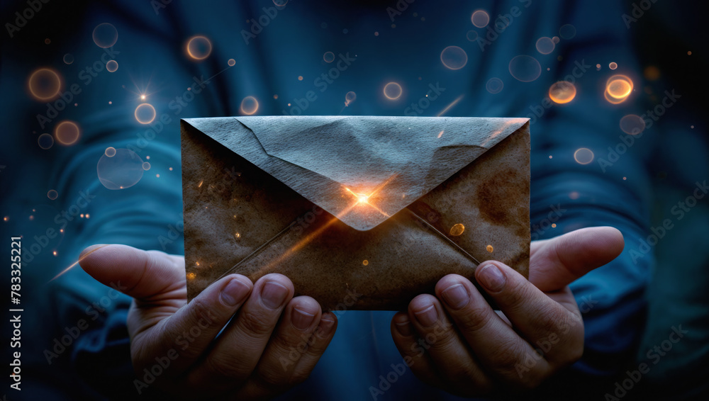 Mystical of hands holding old envelope glowing with magical light ...