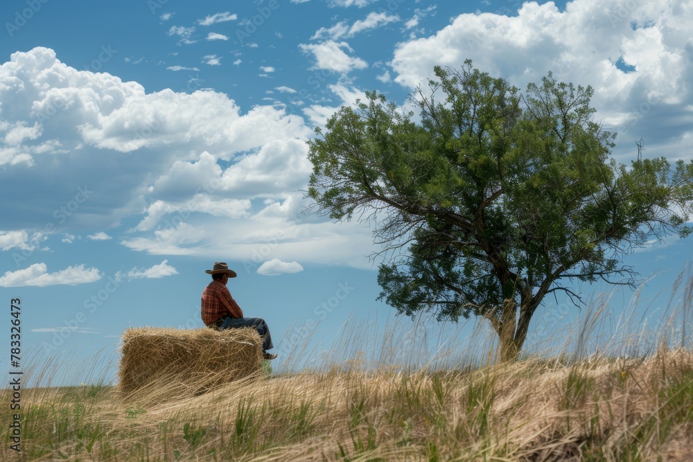 Man in cowboy hat sitting on hay bale under a large cottonwood tree in ...