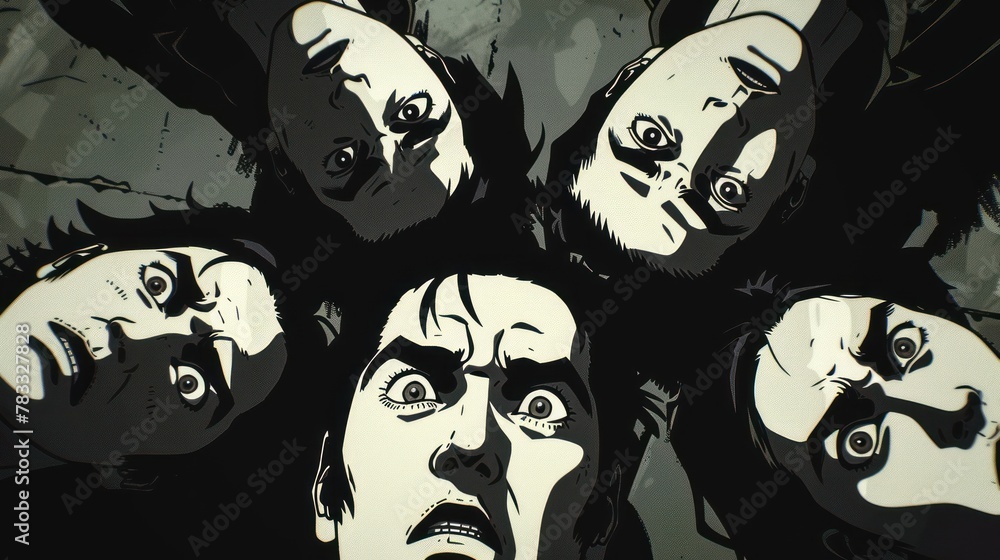 A group of seven people with their heads together. Eyes wide open ...