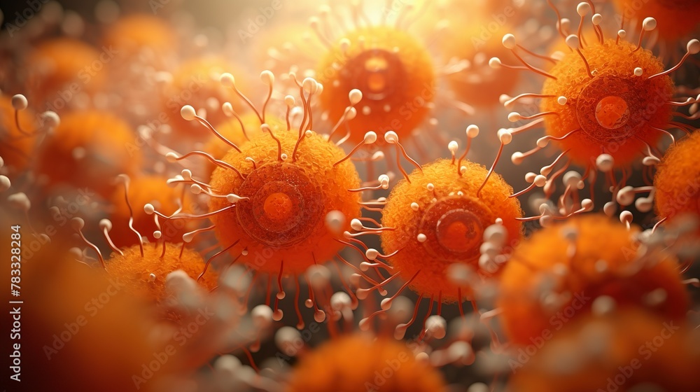 Macro illustration showing a cluster of bright orange virus-like ...