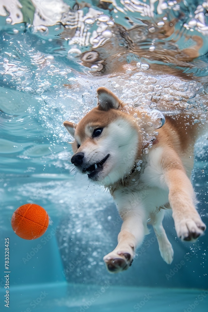ภาพประกอบสต็อก Shiba Inu's Exciting Underwater Adventure: Retrieving a ...