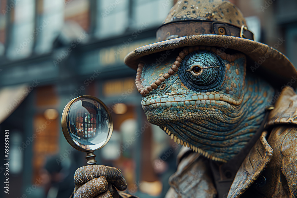 A chameleon disguised as a detective, wearing a trench coat and fedora ...