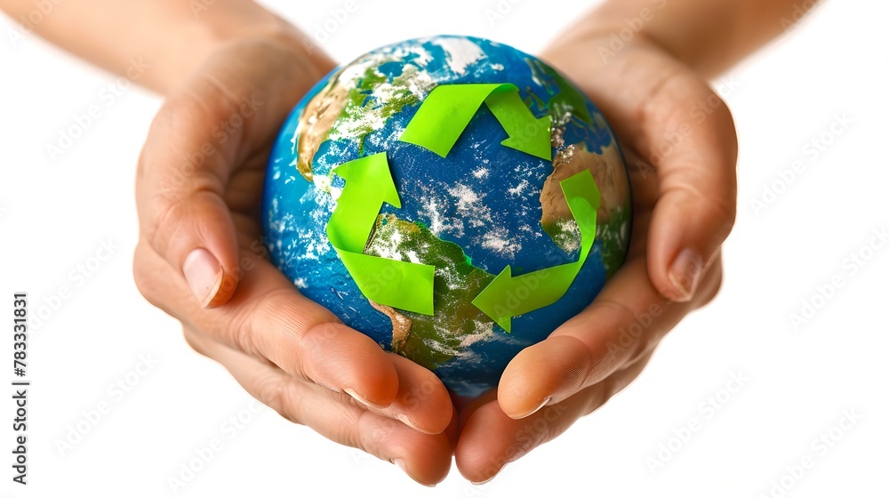 Hands holding a globe with a recycling symbol, conveying environmental ...