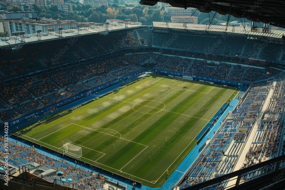 A sprawling stadium showcasing a vibrant soccer field, ready for an ...