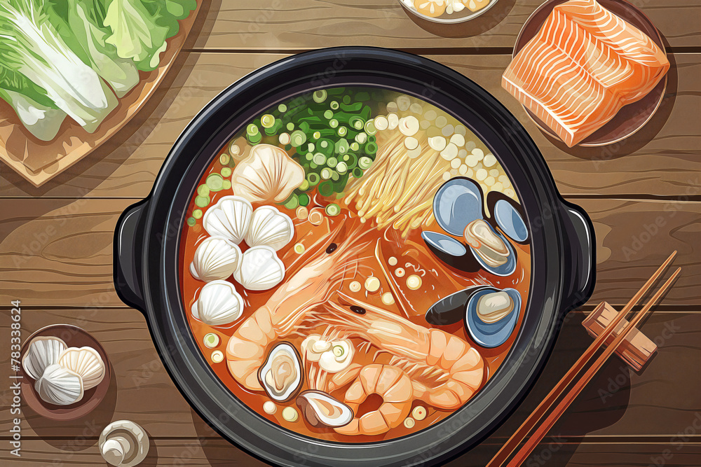 Top-down view of a realistic anime style nabe pot on a snow-covered ...