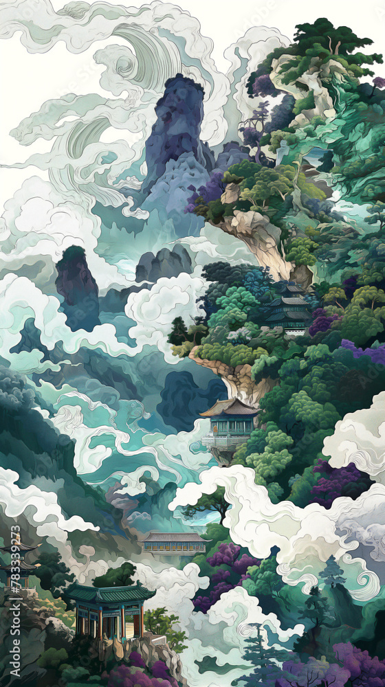 an illustration of a mosaic image of a China Heaven's Gate , colors are ...