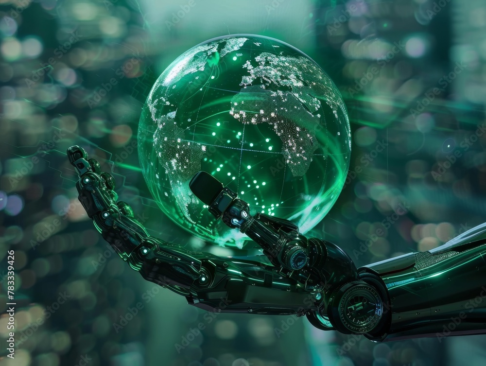 Futuristic robotic arms gently holding a radiant green representation ...