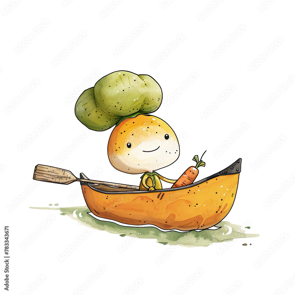 Cartoon of a man sitting in a boat holding a large carrot, isolated on ...