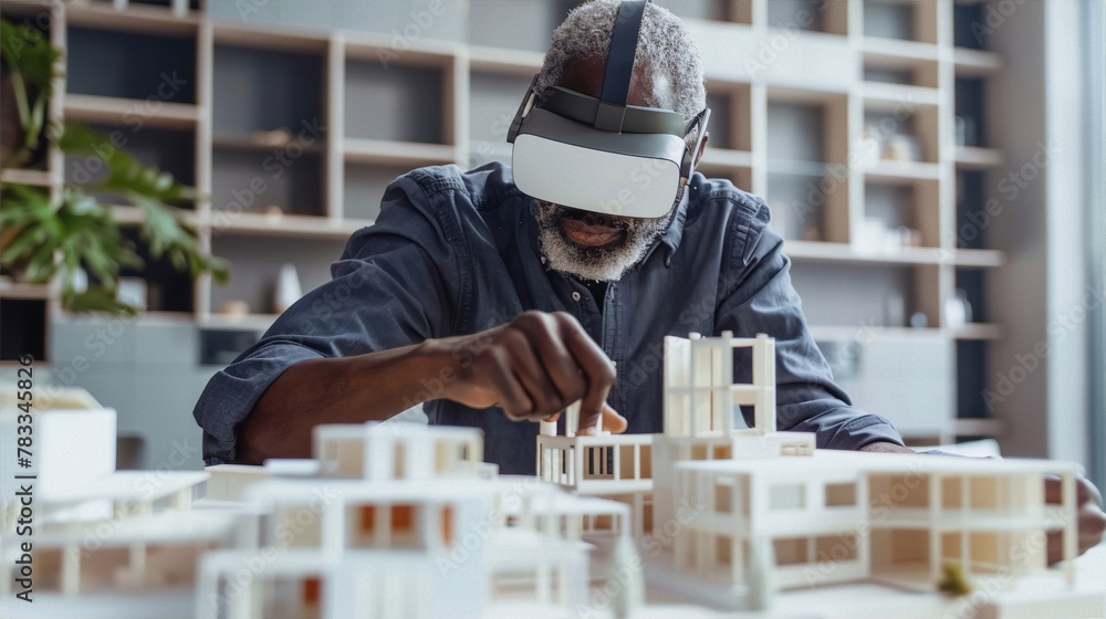 An elderly architect wearing a virtual reality headset works on a ...