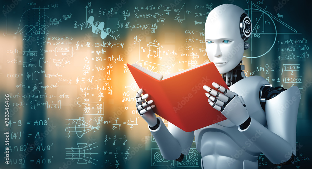 XAI 3d illustration 3D illustration of robot humanoid reading book and solving math data ...