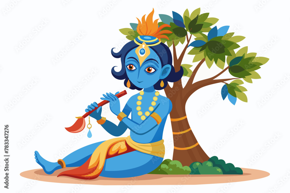 Hindu god Krishna sitting under a tall tree with flute on an isolated ...