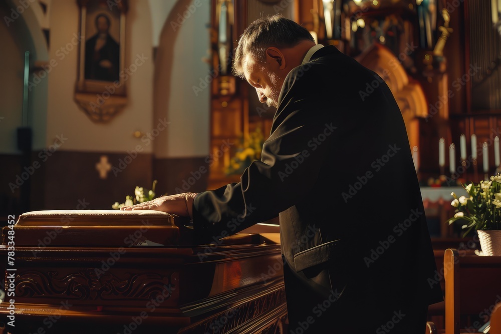 Funeral. A man stands at the coffin, saying goodbye to a loved one ...