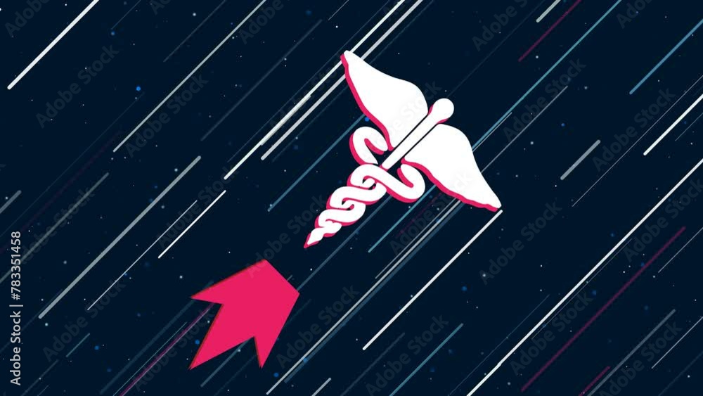 Caduceus symbol flies through the universe on a jet propulsion. The ...
