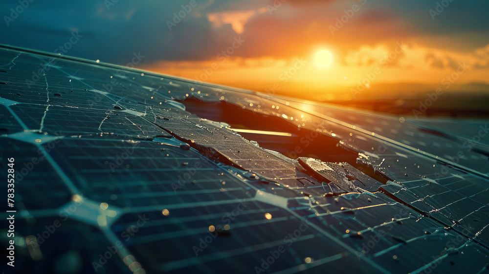 Damaged Solar Panels in Field Under Stormy Sky with Lightning. Concept ...