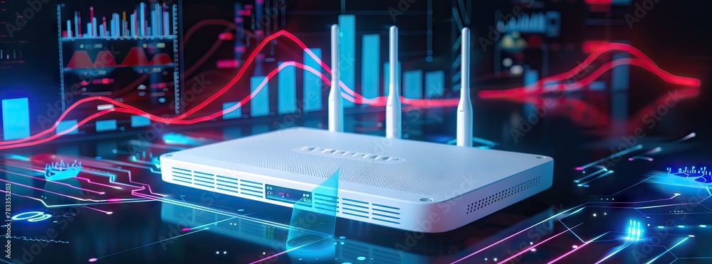 white cable is plugged into the port of Wi-Fi router, modern wireless ...
