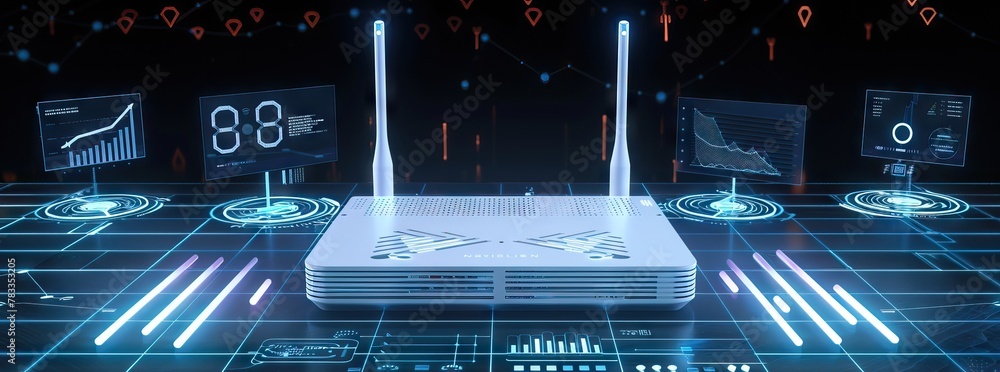white cable is plugged into the port of Wi-Fi router, modern wireless ...