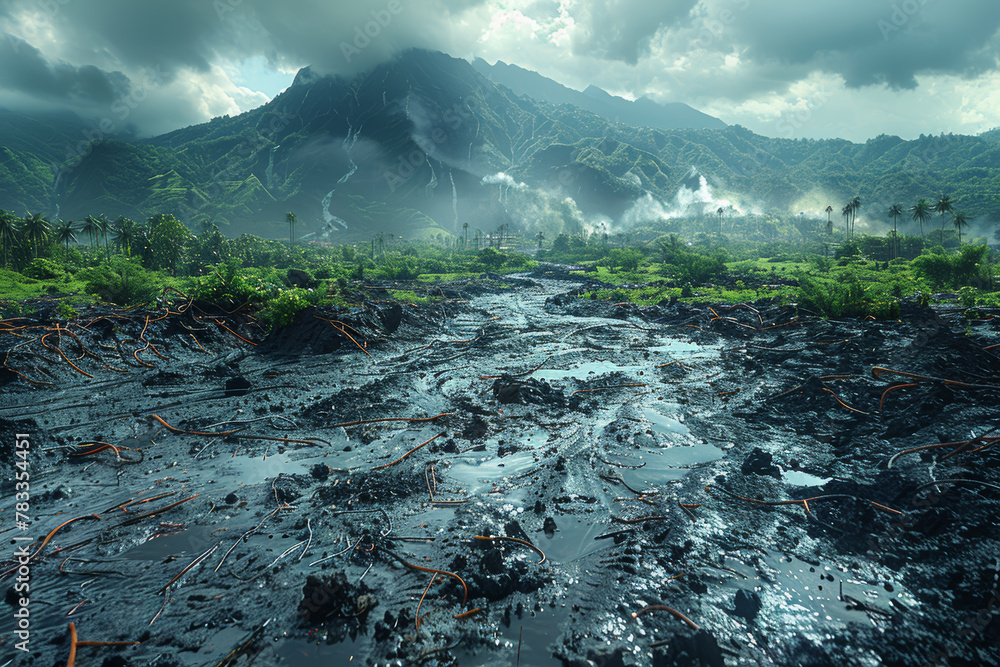 The confrontation of a mudslide and a lush valley, showing the ...