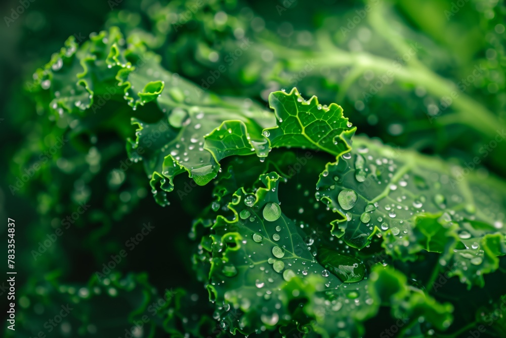 An up-close view of vibrant green kale leaves, adorned with glistening ...