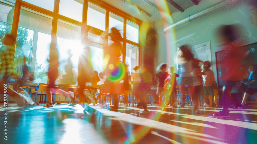 colorful primary classroom, children motion blur sun flare bight ...