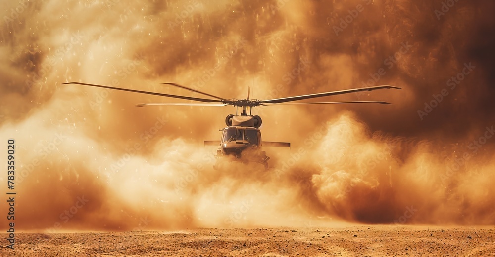 Military chopper takes off in combat and war flying into the smoke and ...