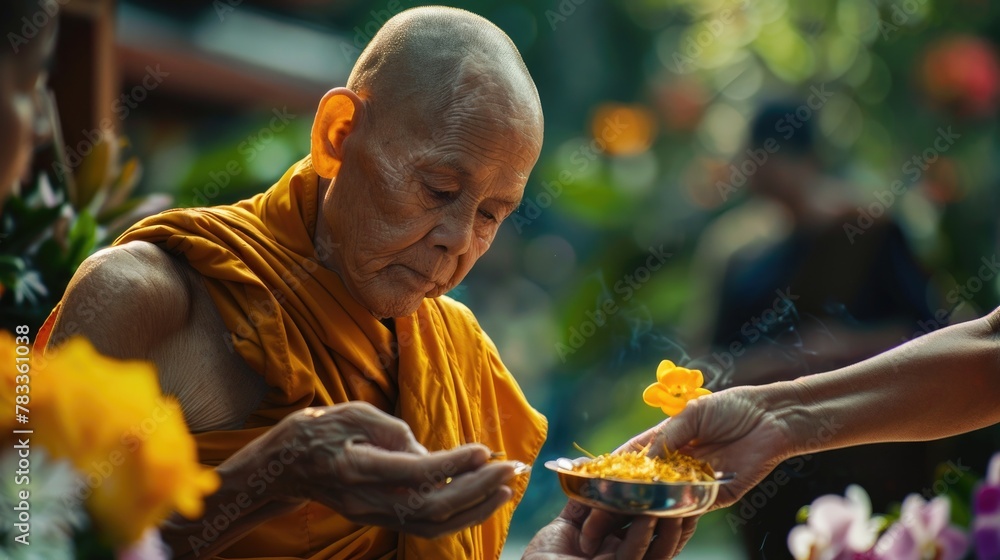 Joyful Offering to a Buddhist Monk. A Buddhist monk receives a ...