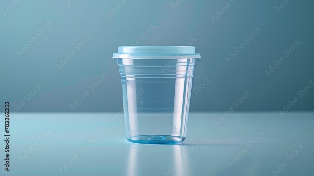 Transparent empty urine analysis container with a blue lid. Clear ...