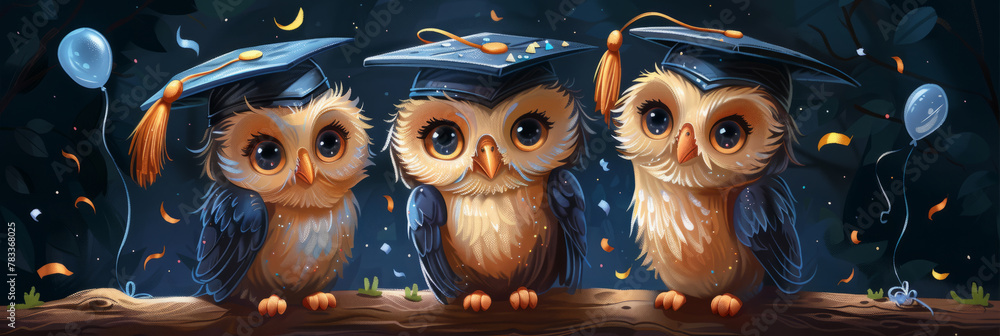 Three cute owls in graduation caps on background of confetti and ...