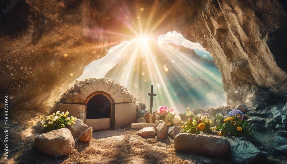empty tomb with stone rocky cave and light rays bursting from within ...