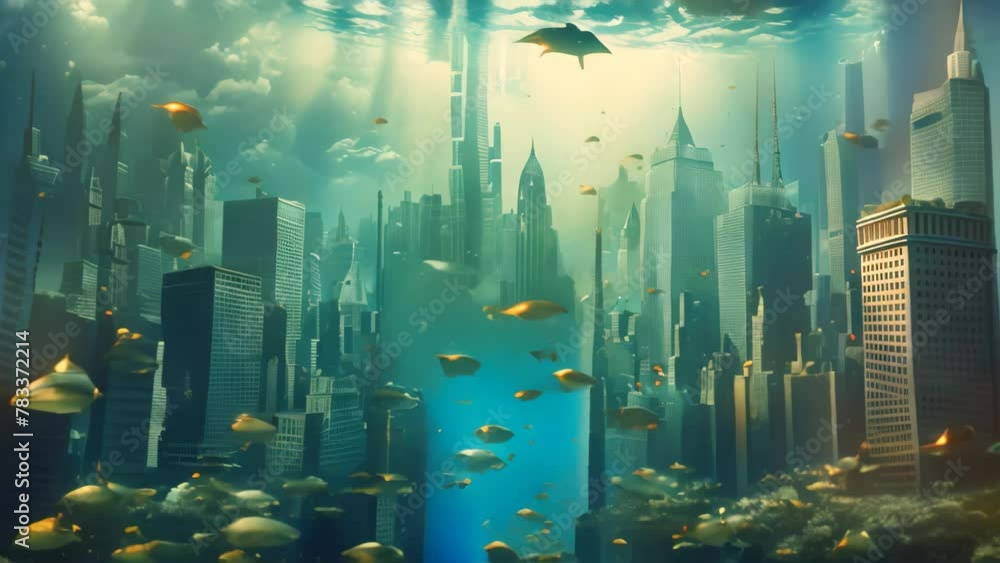 A painting depicting a cityscape immersed underwater, showcasing ...