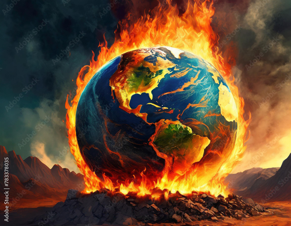 Earth globe burning into flames, America destroyed by fire, conceptual ...