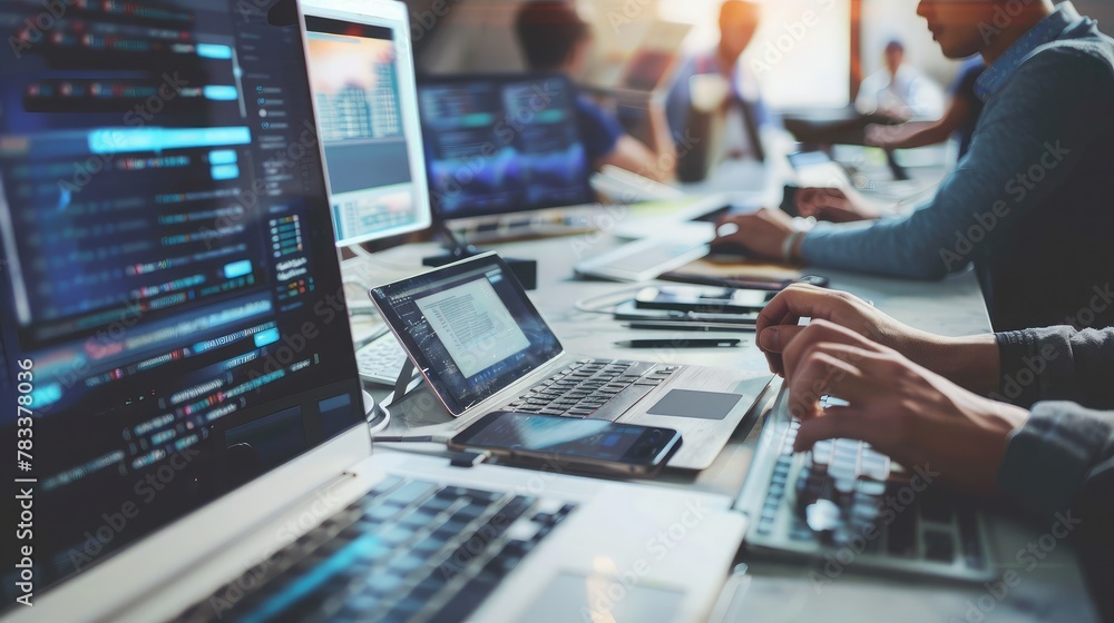 StartUp Programming Team. Website designer working digital tablet dock ...