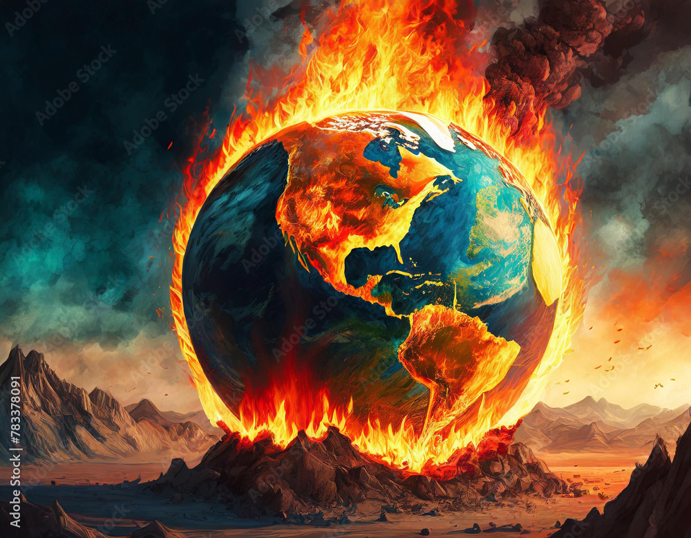 Earth globe burning into flames, America destroyed by fire, conceptual ...