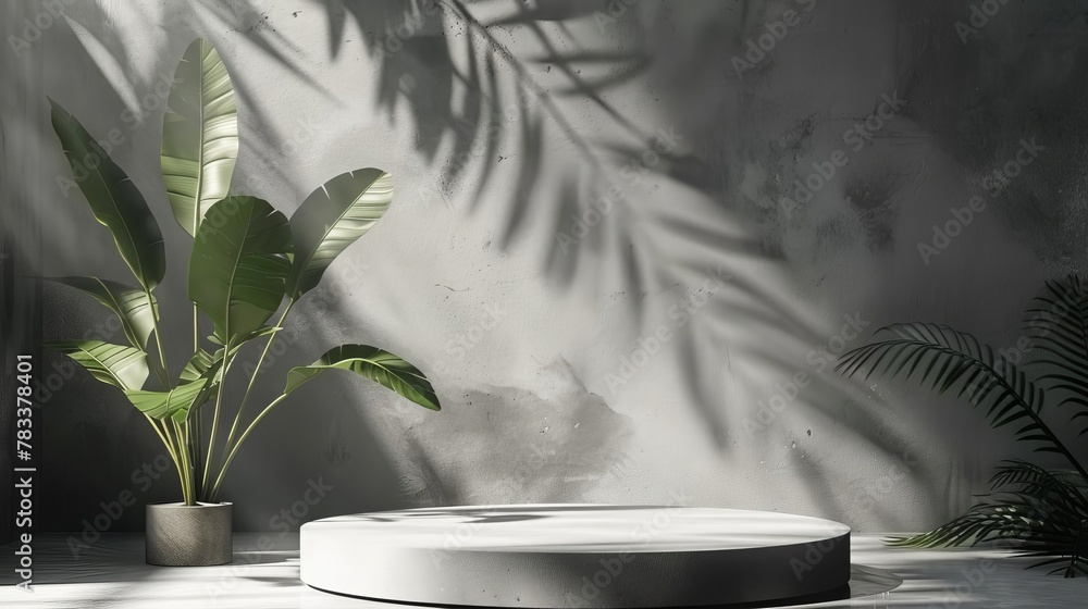 grey concrete studio background with podium shadow leaves and spotlight ...