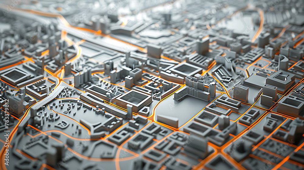 a 3D model of a city layout with highlighted areas, possibly indicating ...