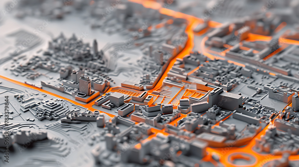 a 3D model of a city layout with highlighted areas, possibly indicating ...