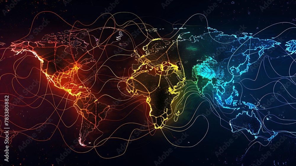 Poster An abstract digital world map with glowing lines connecting ...
